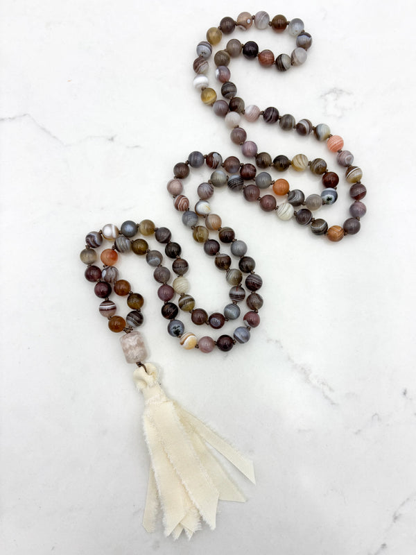Botswana Agate Gemstone Mala with Silk Tassel - Radiant Malas
